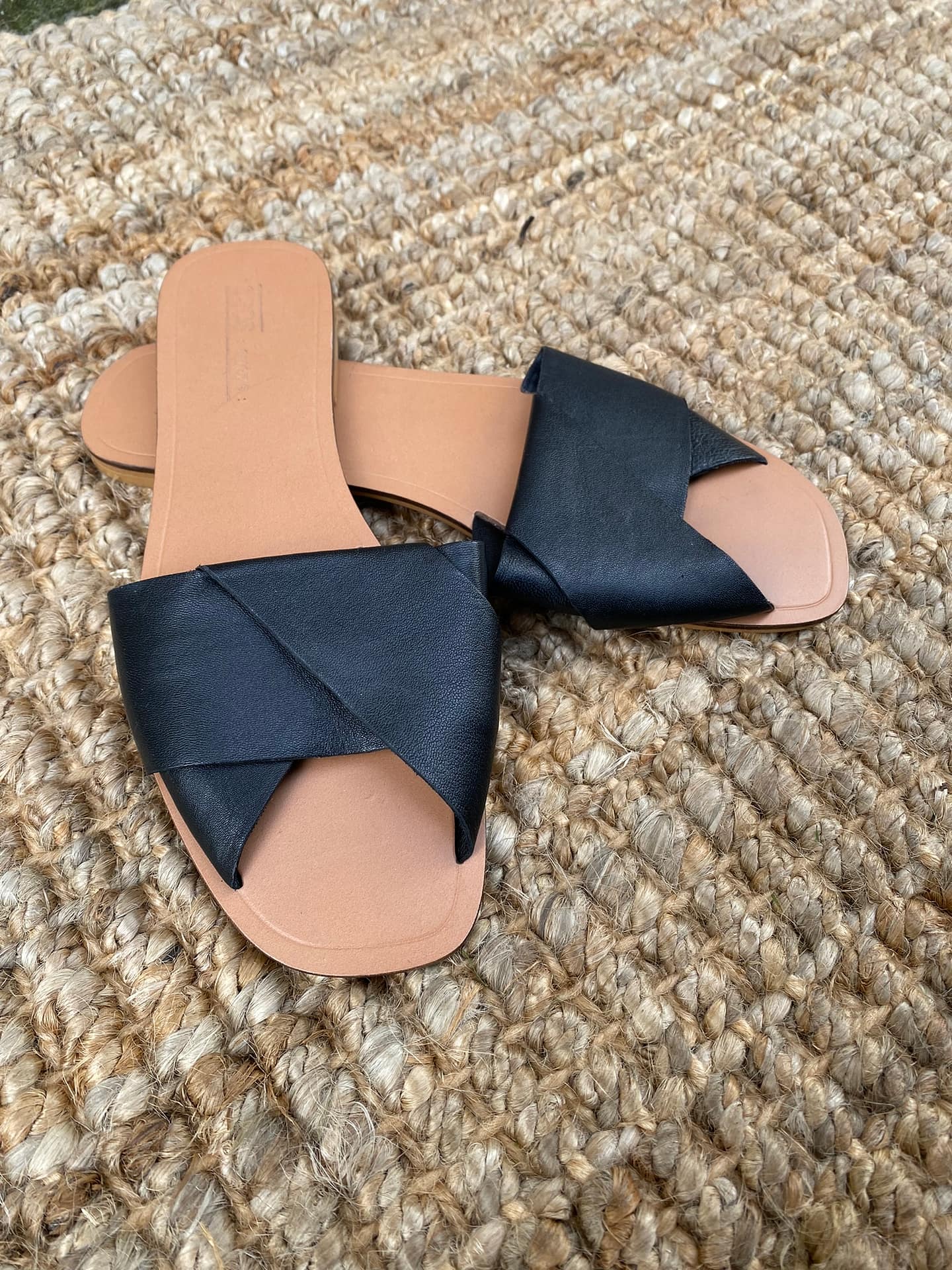 Black Leather Crossover Sliders • [ worn + worn ]