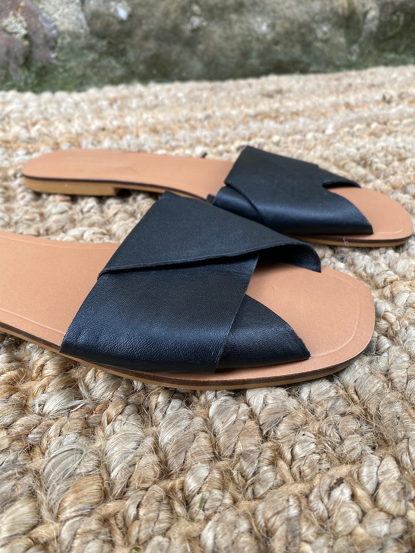 Black Leather Crossover Sliders • [ worn + worn ]