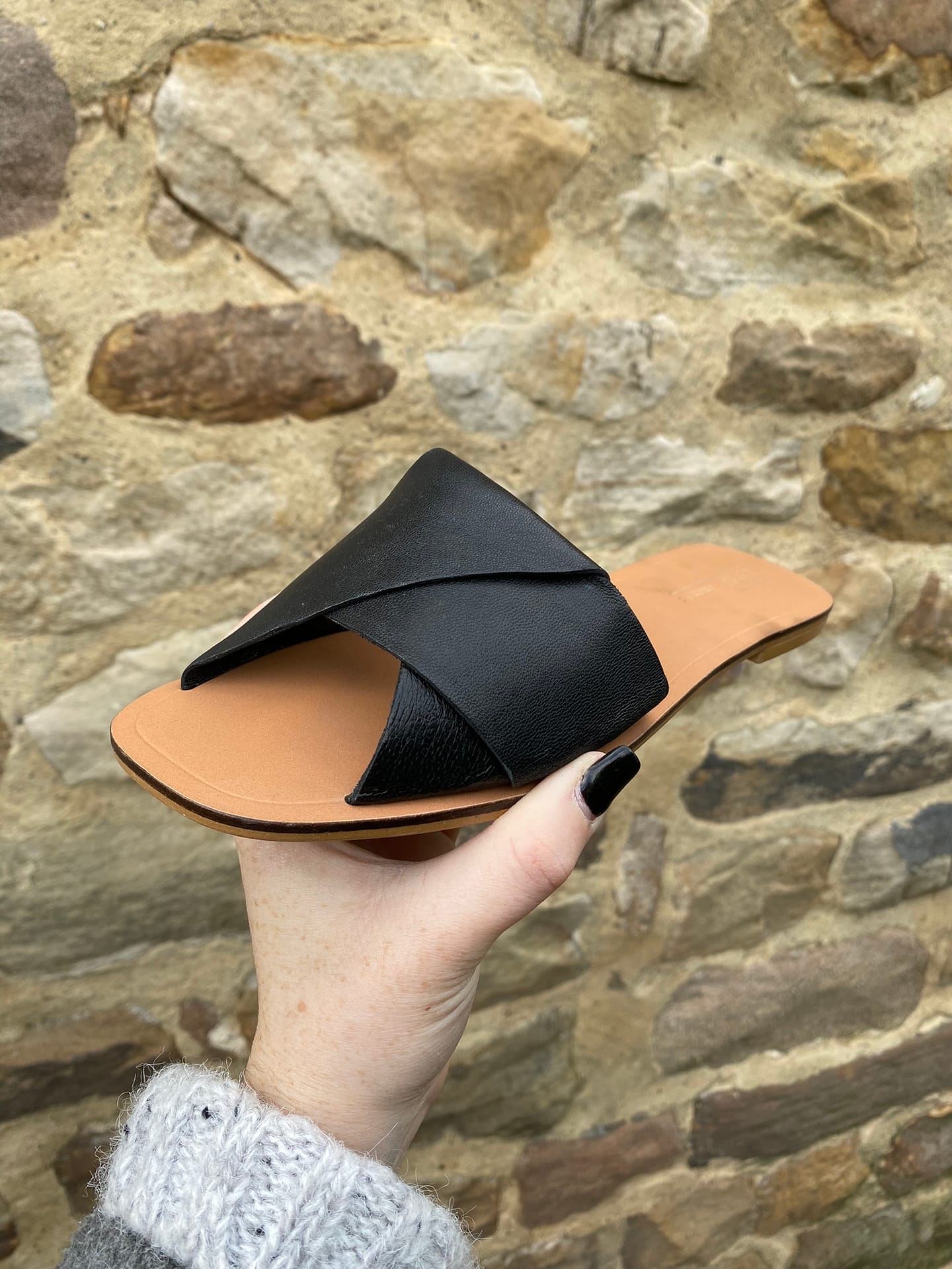 Black Leather Crossover Sliders • [ worn + worn ]